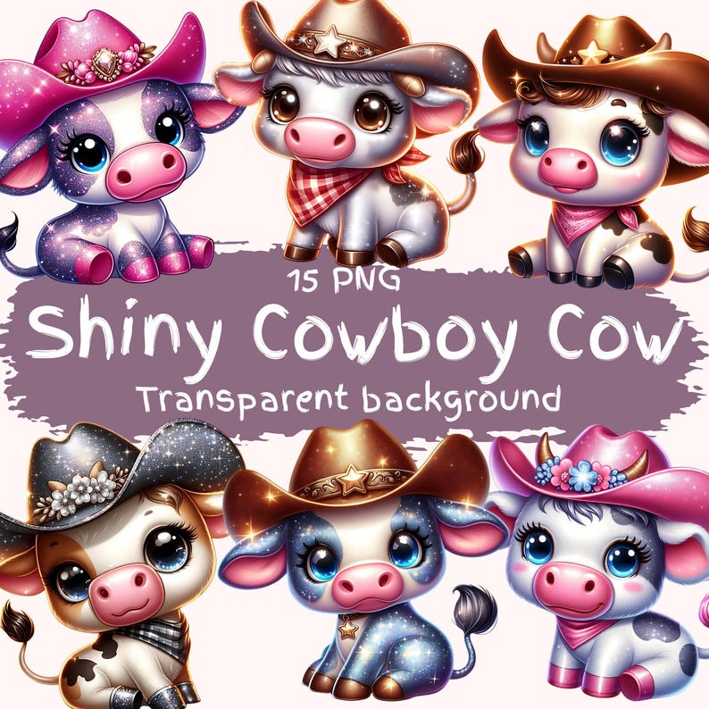 Shiny Cowboy Cow Clipart Bundle 15 PNG High Quality Cartoon Cute Baby ...
