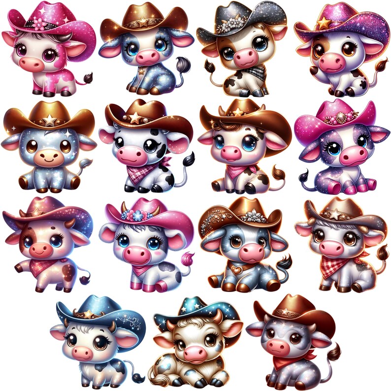 Shiny Cowboy Cow Clipart Bundle 15 PNG High Quality Cartoon Cute Baby ...