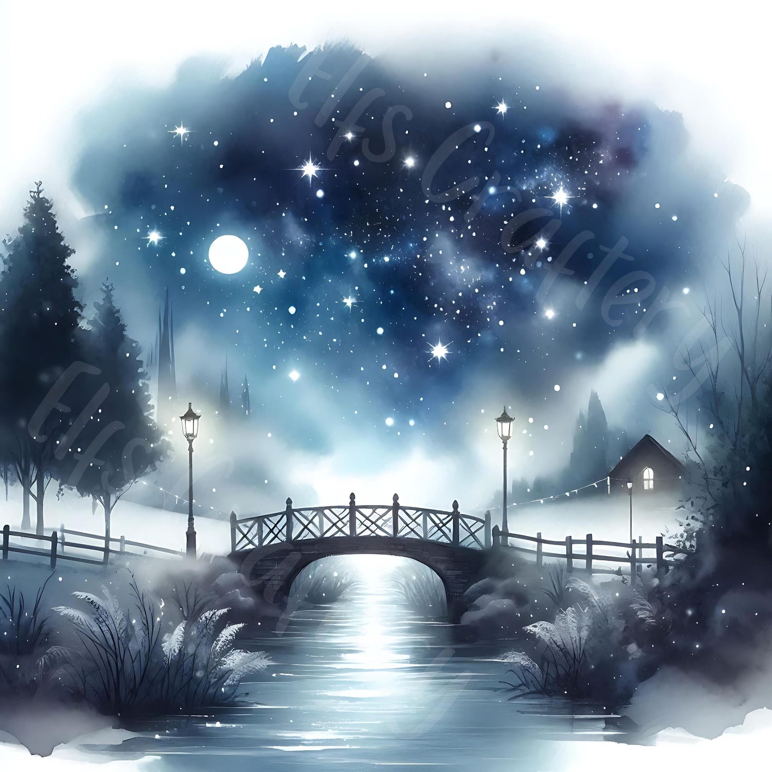 15 JPG Starry Night Bridge Digital Art Bundle Watercolor Painting Style ...