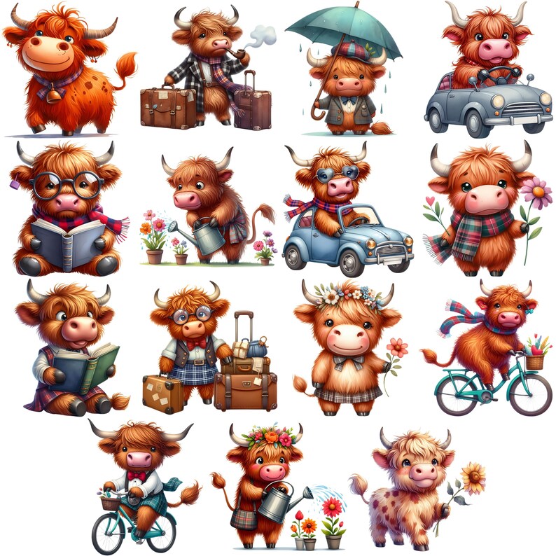 Funny Highland Cow Clipart Bundle 15 PNG Watercolor Cute Quirky Long ...
