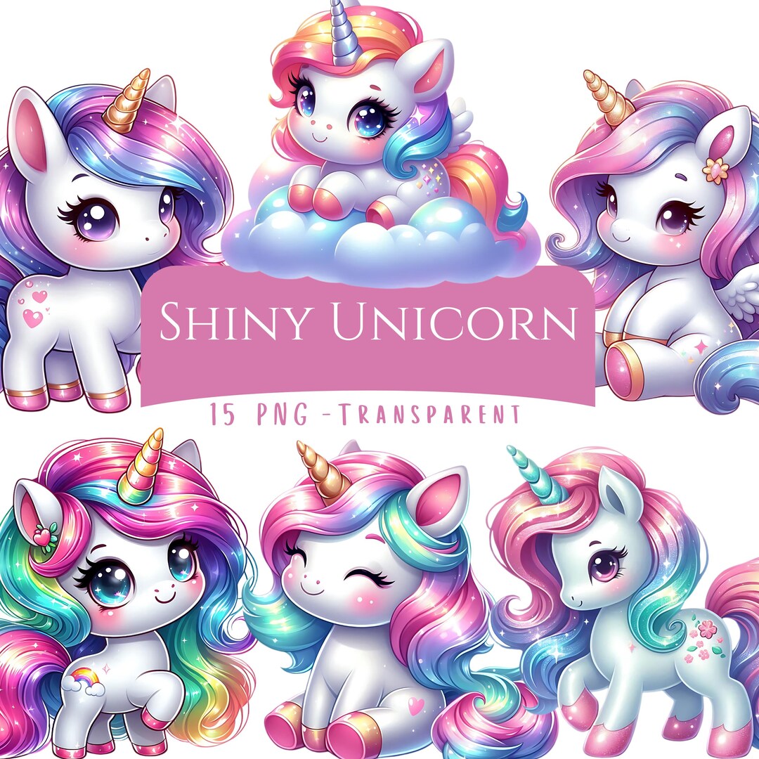 Shiny Unicorn Clipart Bundle 15 PNG Cute Fantasy Digital Clip Art ...