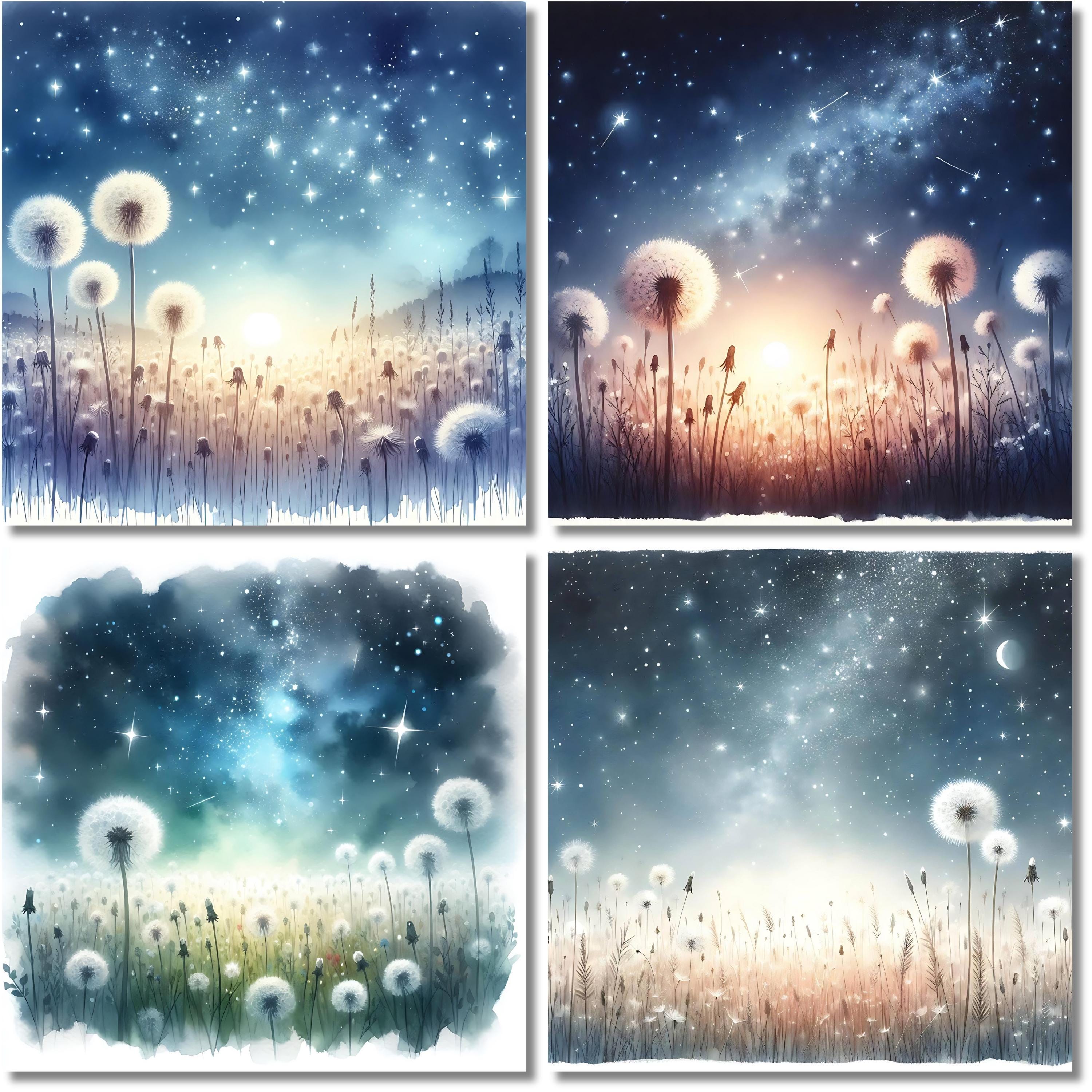 15 JPG Starry Night Dandelions Digital Art Bundle Watercolor Oil ...
