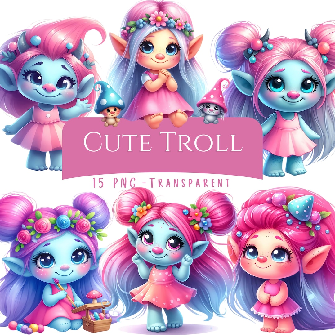 Cute Troll Clipart Bundle 15 PNG High Quality Watercolor Cartoon Cute ...