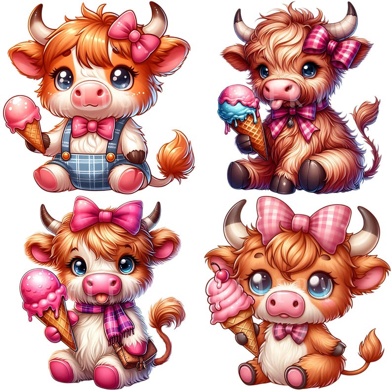 Girly Highland Cow Clipart Bundle 15 PNG High Quality Cartoon Cute Pink ...