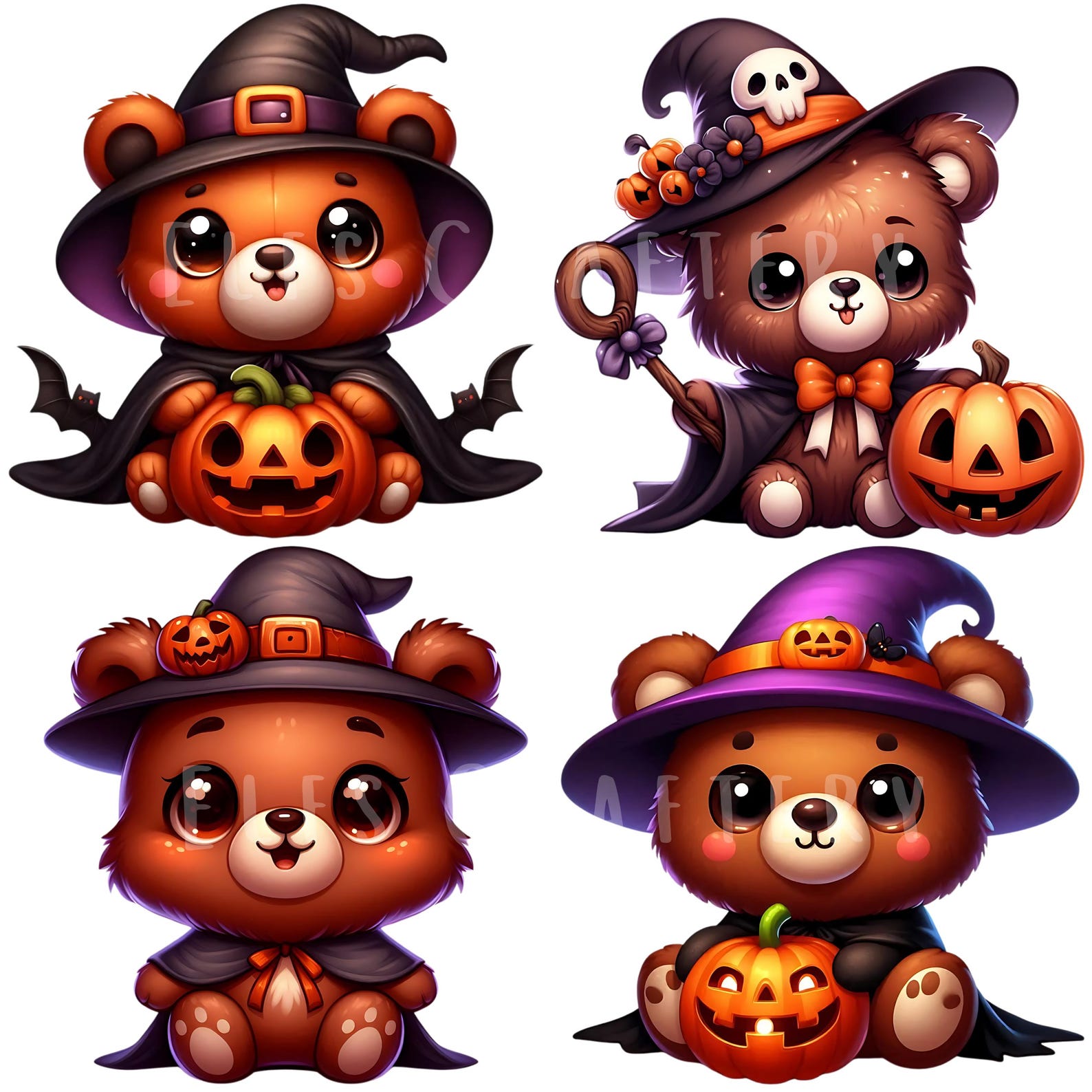 Cute Halloween Bear Clipart Bundle 15 PNG High Quality Cartoon Spooky ...