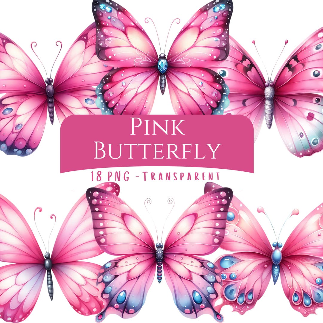 Pink Butterfly Clipart Bundle 18 PNG High Quality Watercolor Cute ...