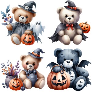 Halloween Teddy Bear Clipart Bundle 15 PNG High Quality Watercolor Cute ...