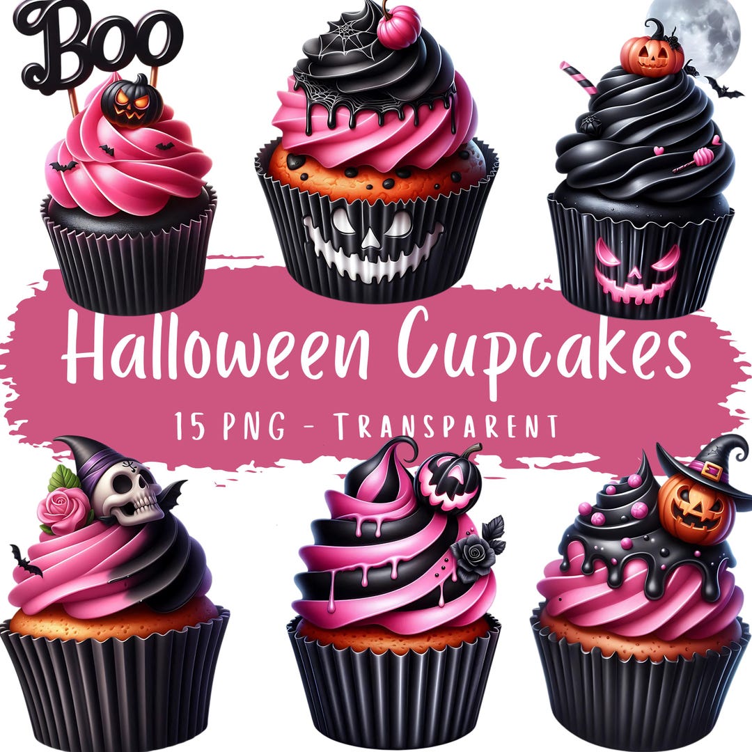Halloween Cupcakes Clipart Bundle 15 PNG Cartoon Halloween Desserts ...