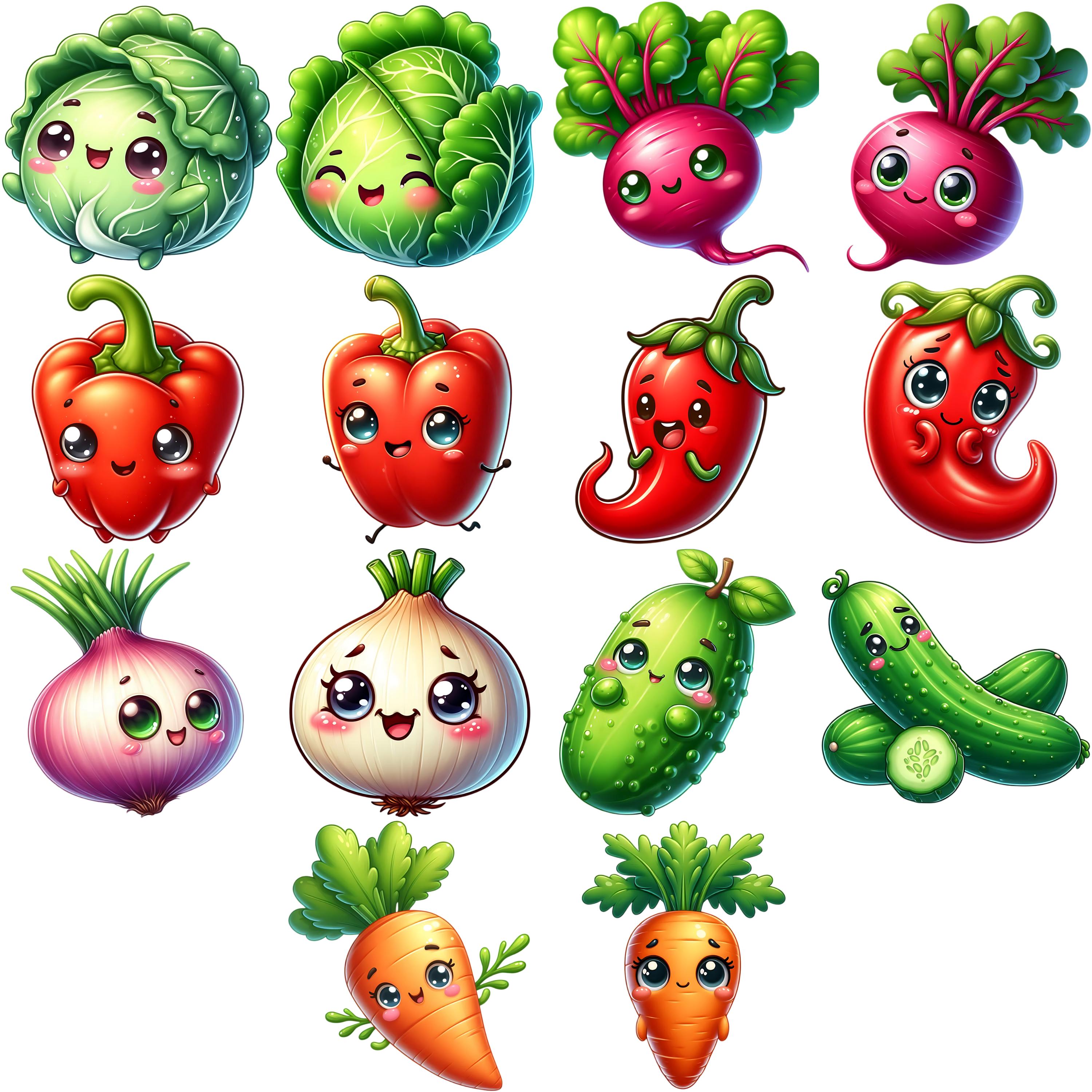 Cute Vegetables Clipart Bundle 28 PNG Happy Vegetable Faces Printable ...