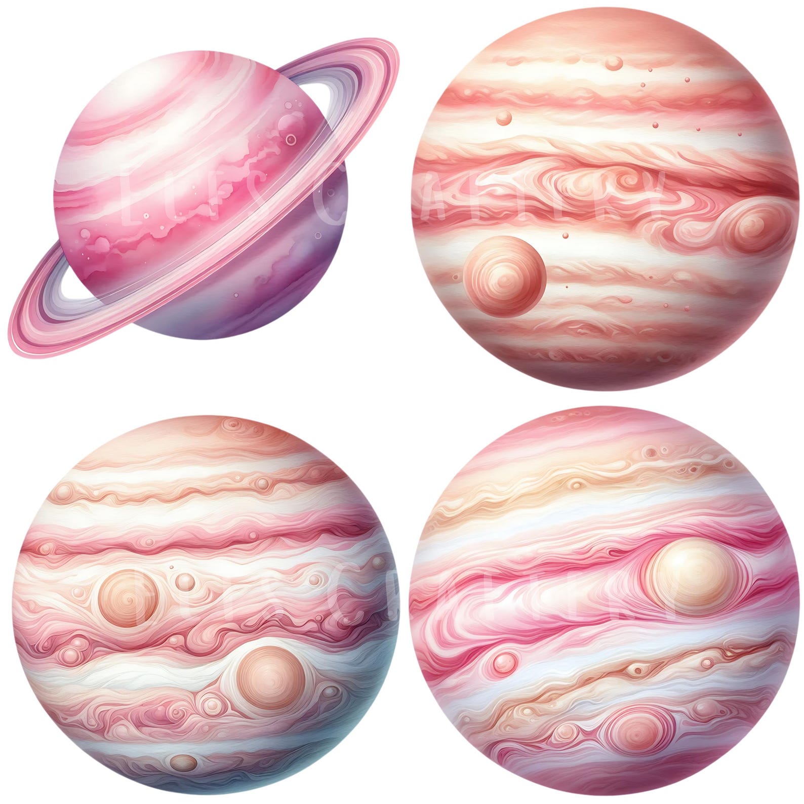 Light Pink Space Clipart Bundle 18 PNG Cute Pink Watercolor Space ...