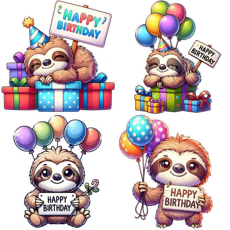 Birthday Sloth Clipart Bundle 15 PNG Cute Birthday Animal Digital Art ...