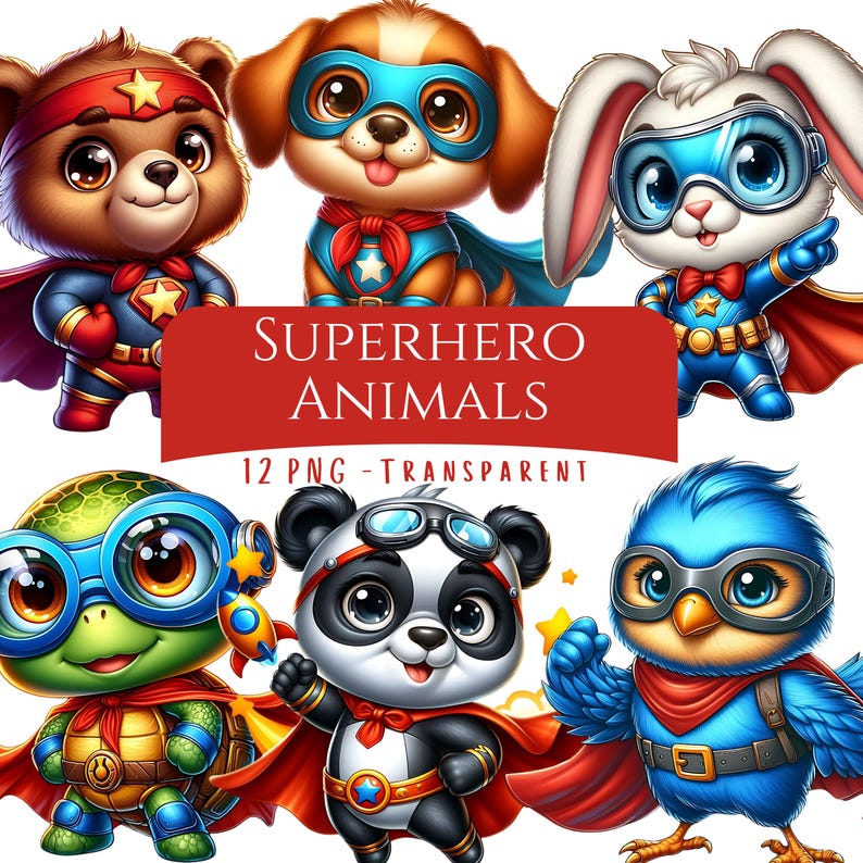 12 PNG, Superhero Animals, Clipart Bundle, Digital Download, Children ...