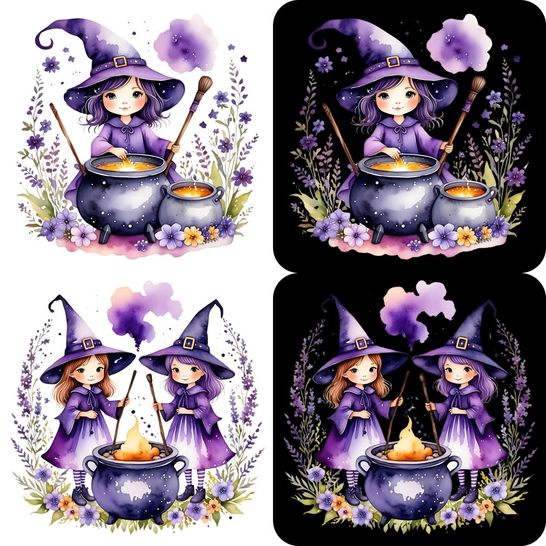 Purple Little Witch Clipart Bundle 15 PNG Watercolor Witch Digital ...