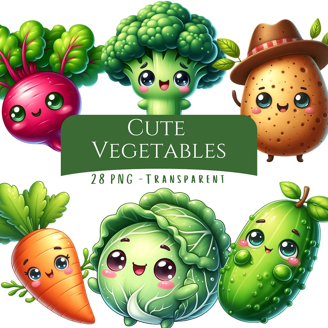 Cute Vegetables Clipart Bundle 28 PNG Happy Vegetable Faces Printable ...