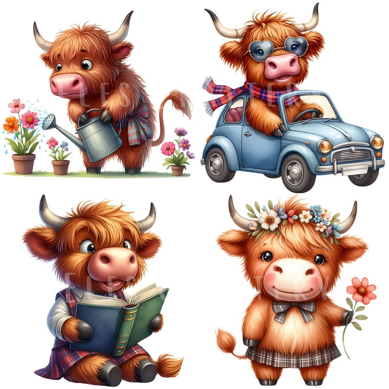 Funny Highland Cow Clipart Bundle 15 PNG Watercolor Cute Quirky Long ...