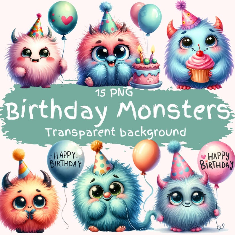 Birthday Monsters Clipart Bundle 15 PNG Watercolor Cute Fluffy Monster ...