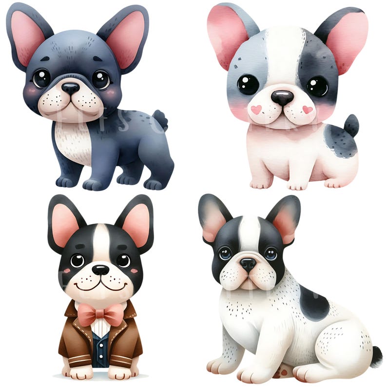 Little Frenchie, 15 PNG Clipart Bundle, Watercolor French Bulldog ...