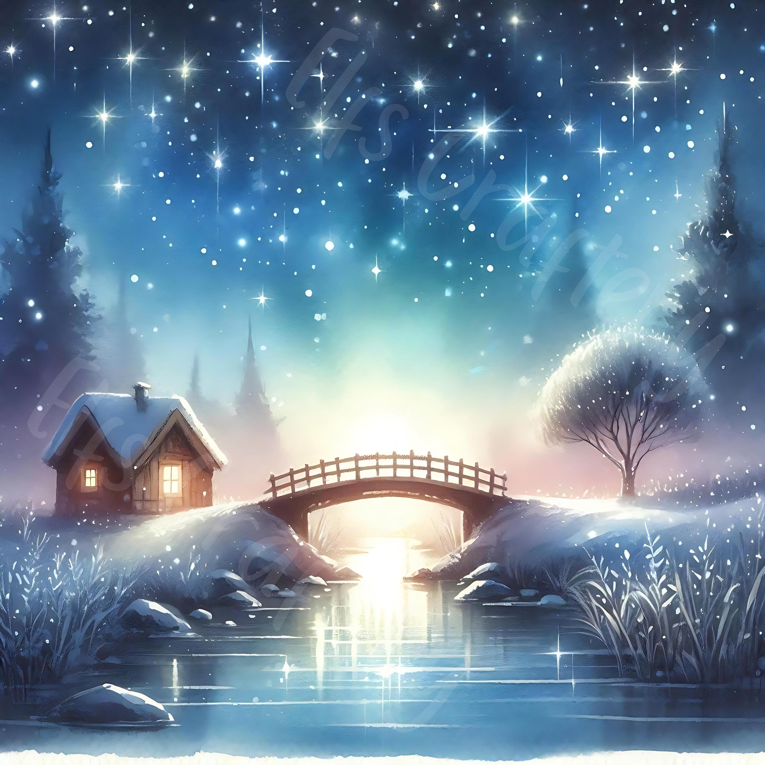 15 JPG Starry Night Bridge Digital Art Bundle Watercolor Painting Style ...
