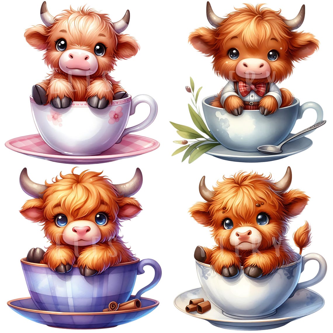 Teacup Highland Cow Clipart Bundle 15 PNG High Quality Cartoon Cute ...