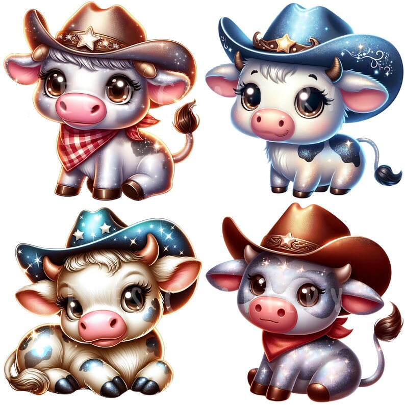 Shiny Cowboy Cow Clipart Bundle 15 PNG High Quality Cartoon Cute Baby ...