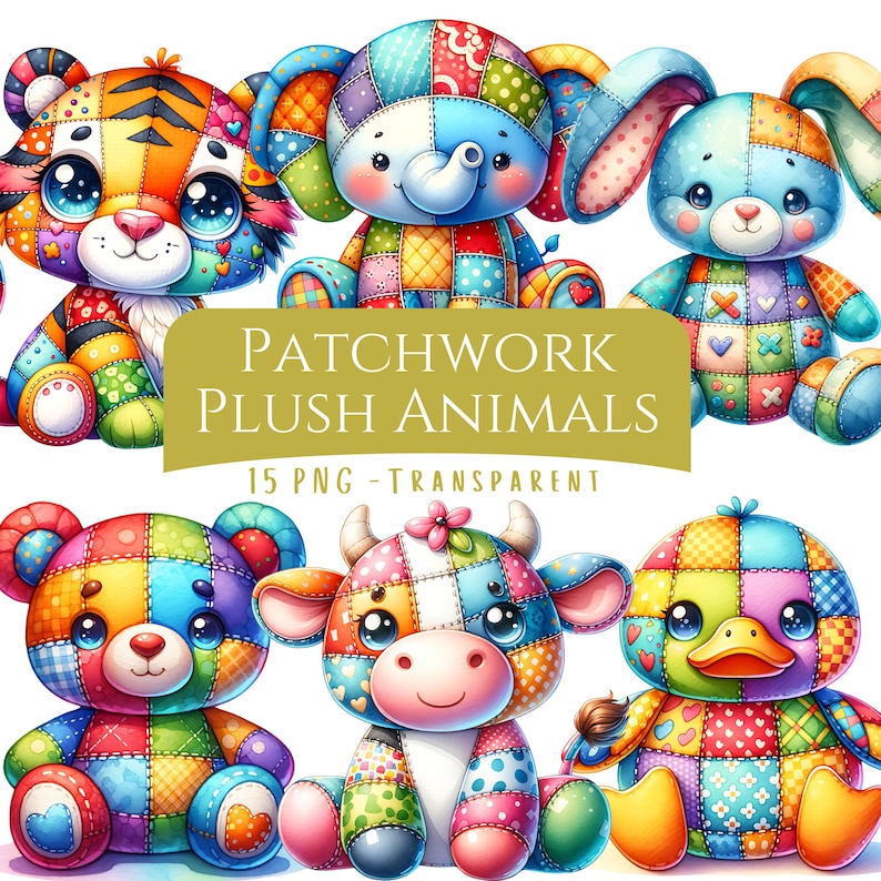 Patchwork Plush Animals Clipart Bundle 15 PNG High Quality Watercolor ...