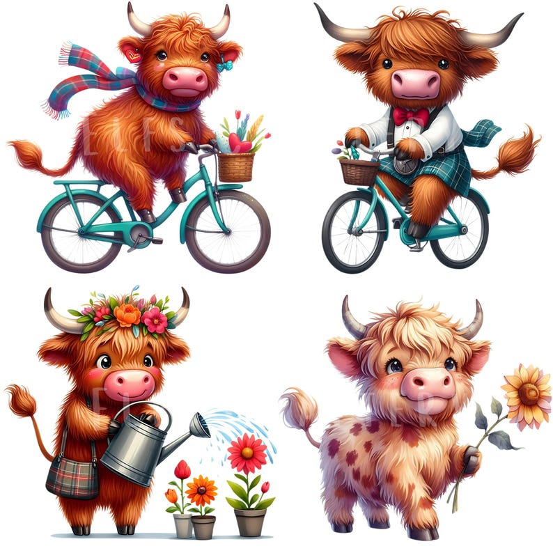 Funny Highland Cow Clipart Bundle 15 PNG Watercolor Cute Quirky Long ...