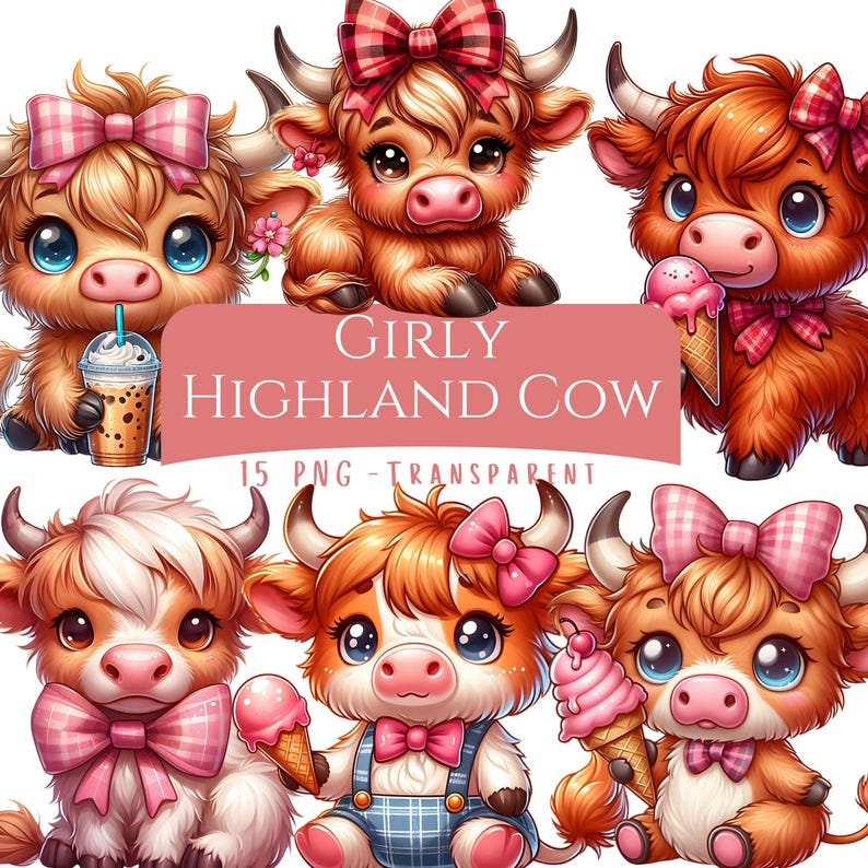 Girly Highland Cow Clipart Bundle 15 PNG High Quality Cartoon Cute Pink ...