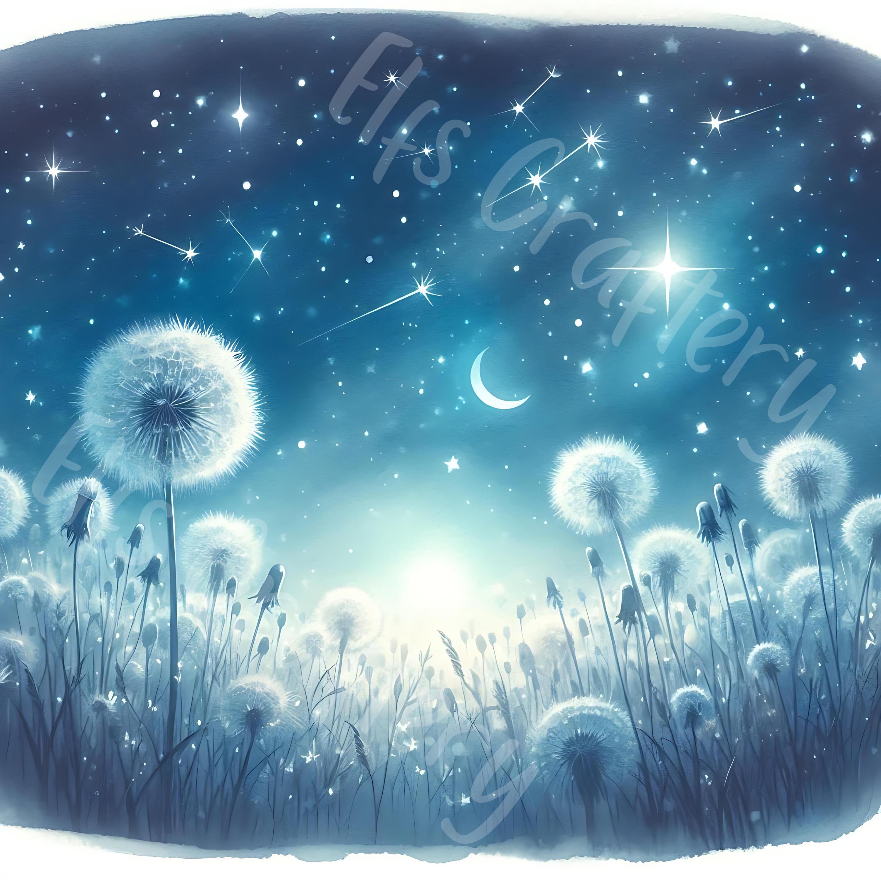 15 JPG Starry Night Dandelions Digital Art Bundle Watercolor Oil ...