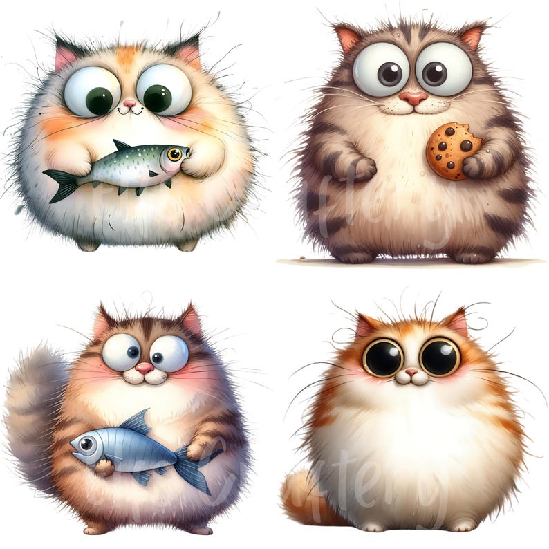 15 JPG Quirky Fat Cat Clipart Bundle High Quality Watercolor Quirky Cat ...