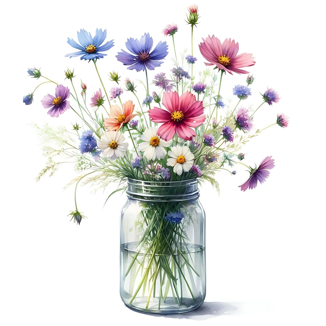 15 JPG Mason Jar Wildflowers Bundle Watercolor Flower Digital Download ...