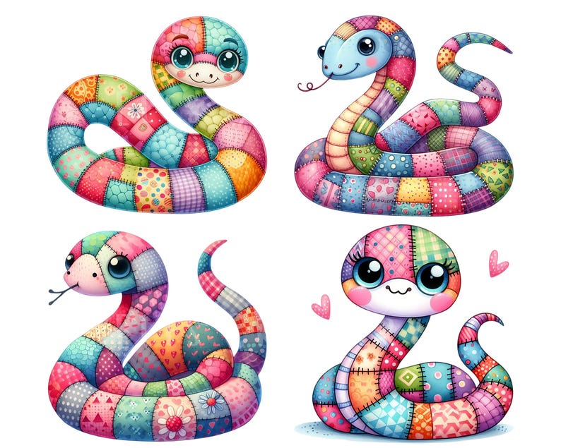 Patchwork Snake Clipart Bundle 15 PNG High Quality Cute Watercolor ...