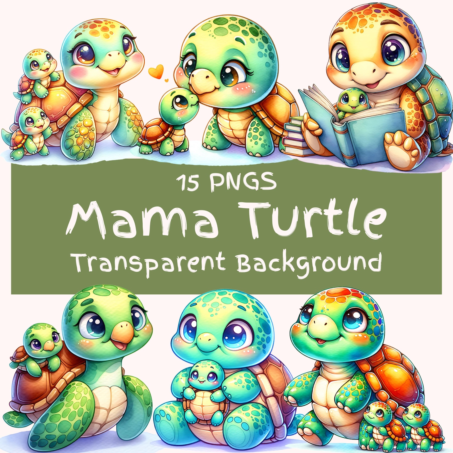 Mama Turtle Clipart Bundle 15 PNG Cute Watercolor Baby Turtle Digital ...