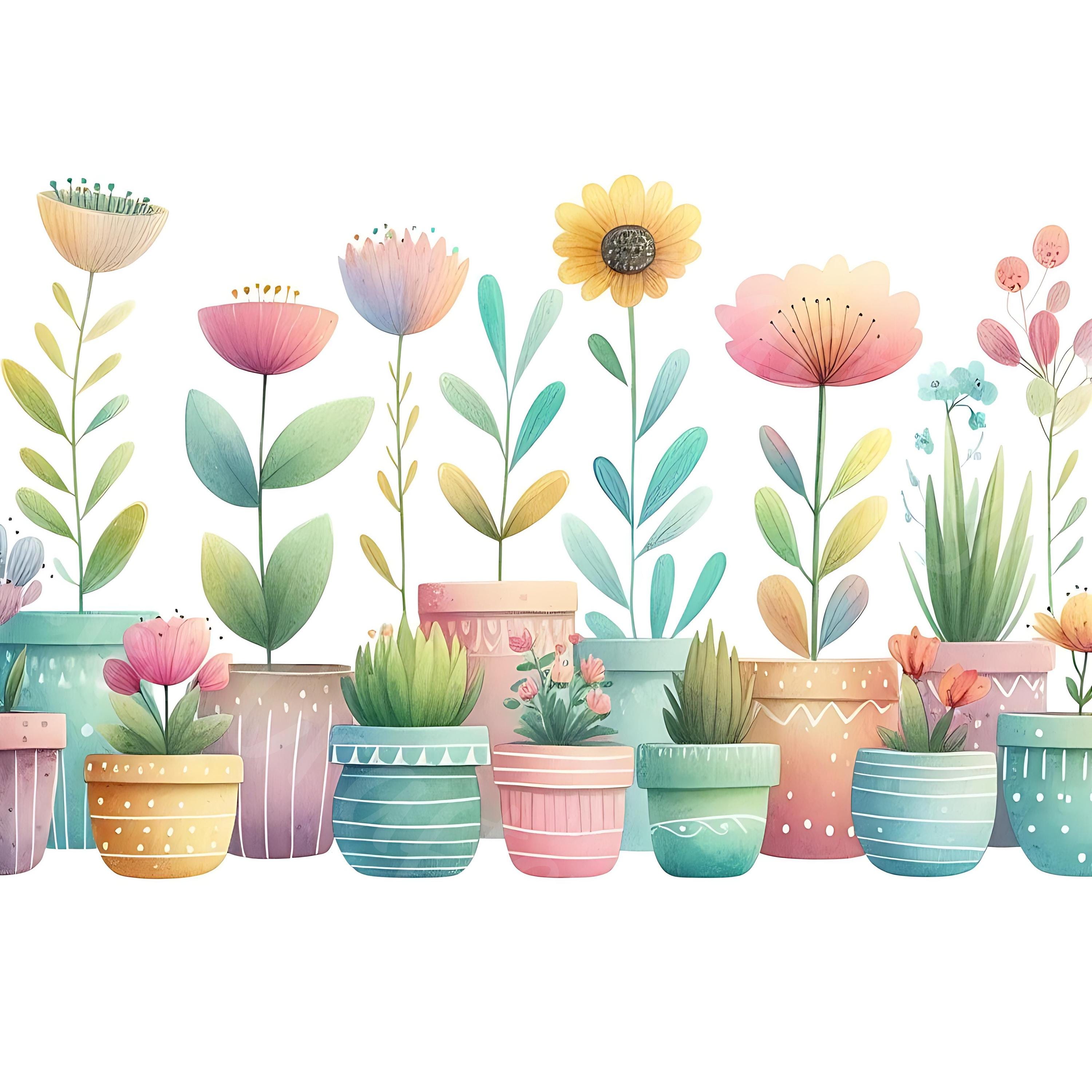 15 JPG Pastel Flower Pots Digital Art Bundle Beautiful Whimsical ...