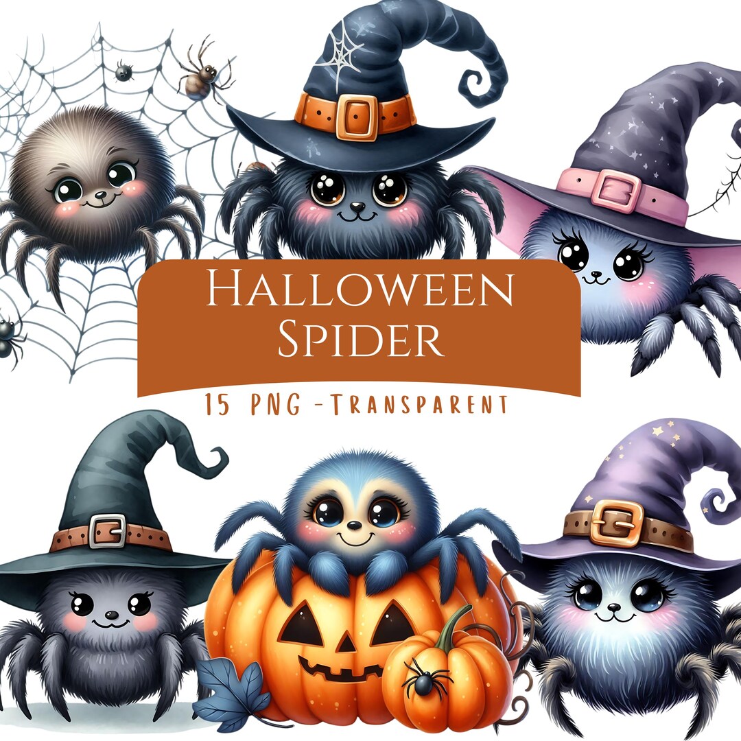 Halloween Spider Clipart Bundle 15 PNG Watercolor Cute Spider Digital ...