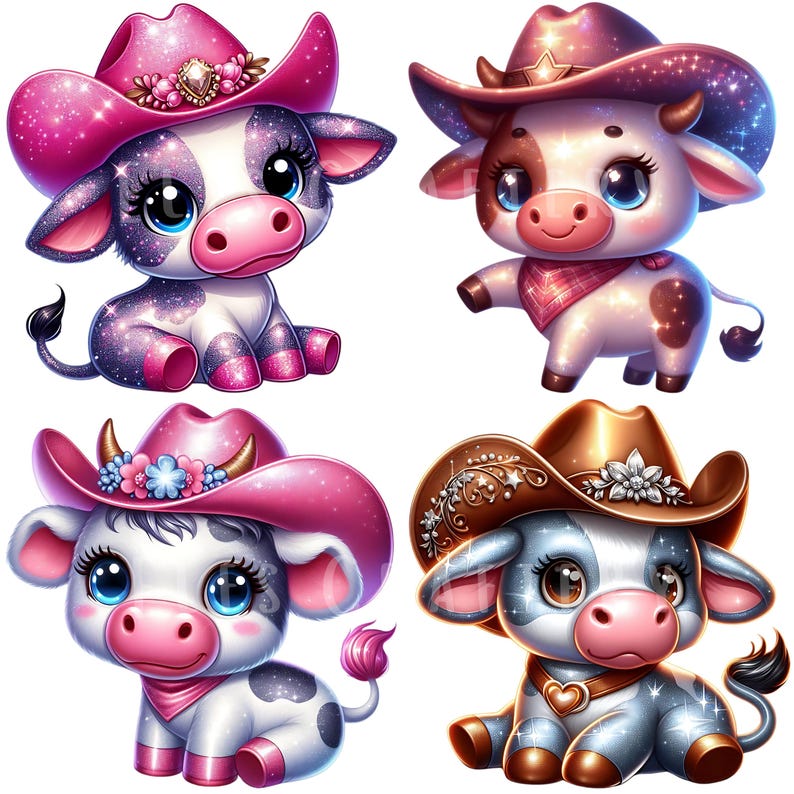 Shiny Cowboy Cow Clipart Bundle 15 PNG High Quality Cartoon Cute Baby ...