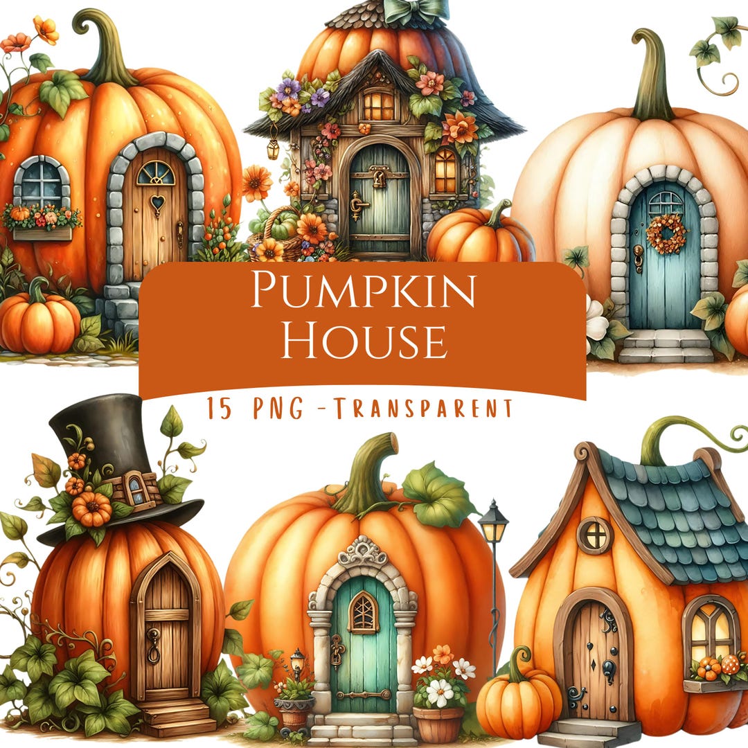 Pumpkin House Clipart Bundle 15 PNG High Quality Watercolor Fantasy ...