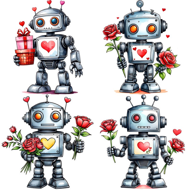 Love Robot Clipart Bundle 15 PNG High Quality Watercolor Robot Digital ...