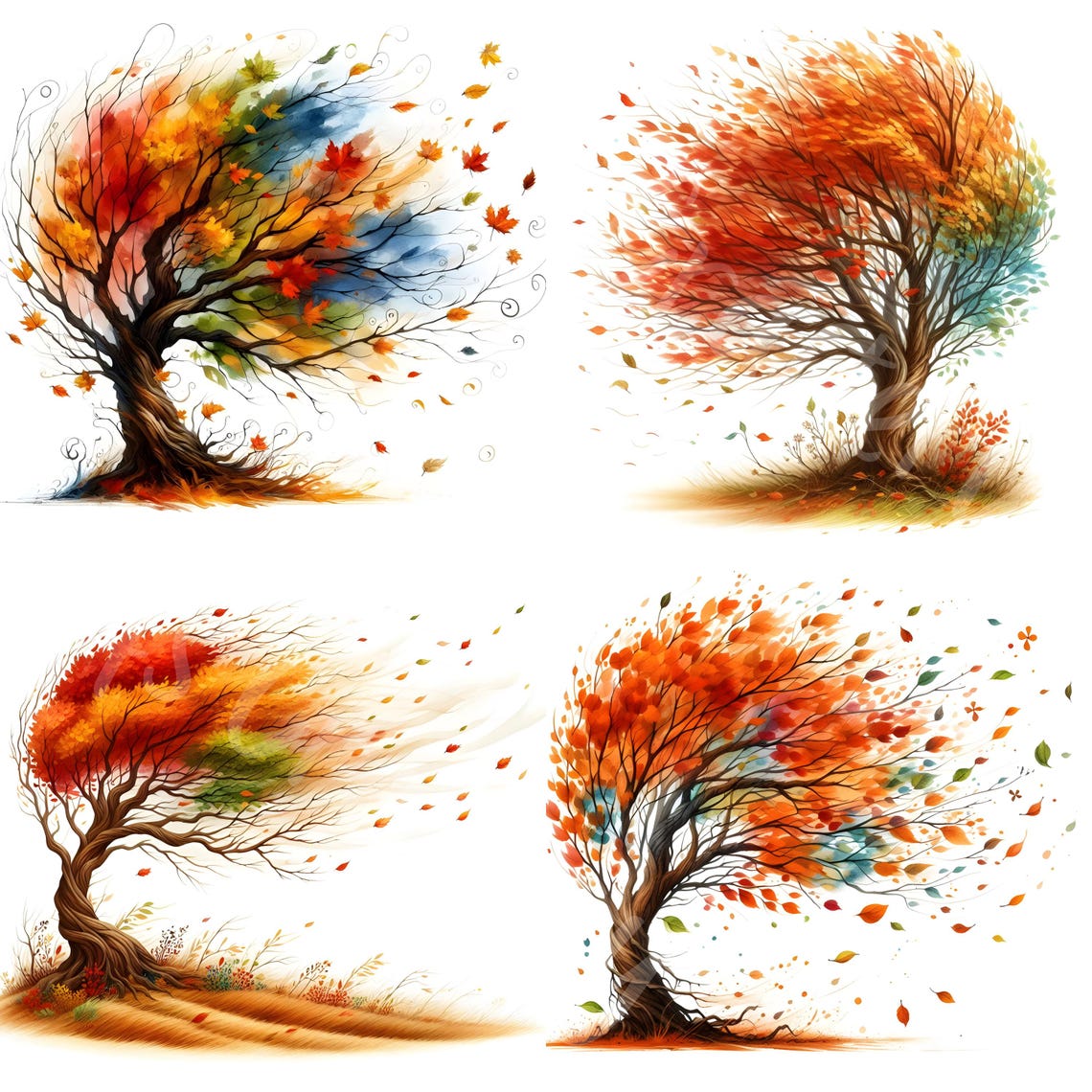 15 JPG Windy Fall Trees Clipart Bundle Watercolor Autumn Landscape ...
