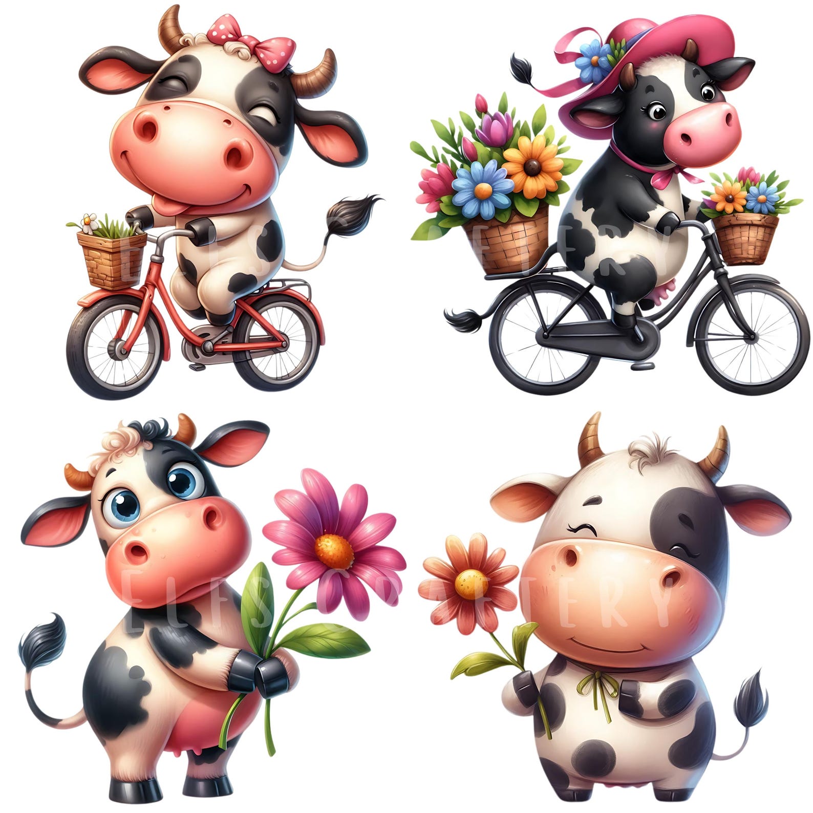 Funny Cow Clipart Bundle 15 PNG High Quality Watercolor Cute Quirky ...