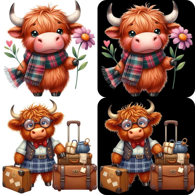 Funny Highland Cow Clipart Bundle 15 PNG Watercolor Cute Quirky Long ...