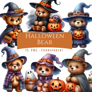 Halloween Bear Clipart Bundle 15 PNG High Quality Watercolor Spooky ...