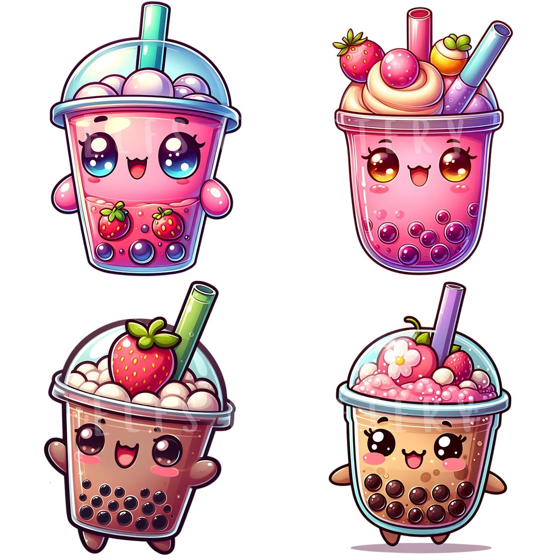 Cute Bubble Tea Clipart Bundle 15 PNG Happy Drink Faces Printable ...