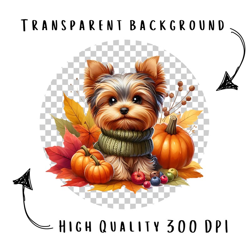 Autumn Yorkie Clipart Bundle 15 PNG High Quality Watercolor Yorkshire ...