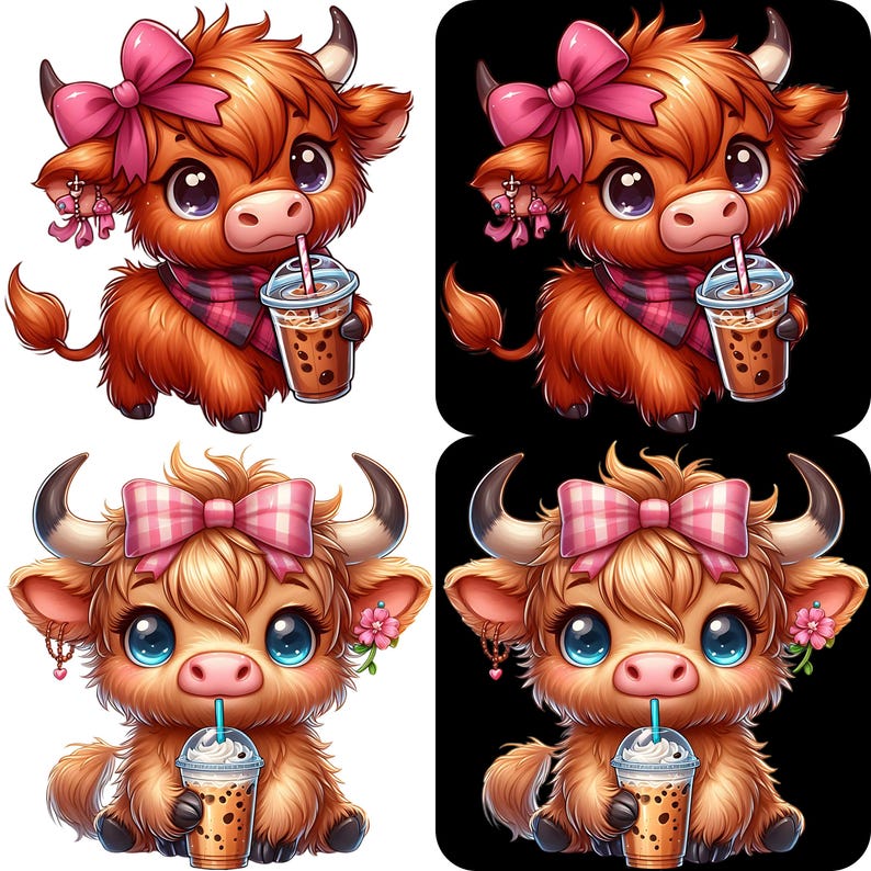 Girly Highland Cow Clipart Bundle 15 PNG High Quality Cartoon Cute Pink ...