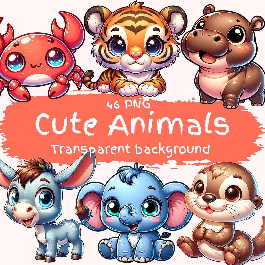 Cute Animals Clipart Bundle 46 PNG High Quality Cartoon Baby Animal ...