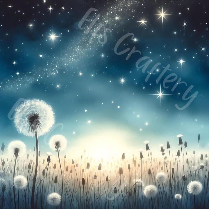 15 JPG Starry Night Dandelions Digital Art Bundle Watercolor Oil ...