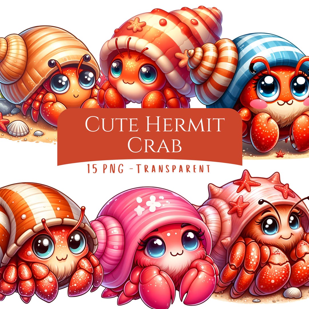 Cute Hermit Crab Clipart Bundle 15 PNG Watercolor Baby Ocean Theme ...