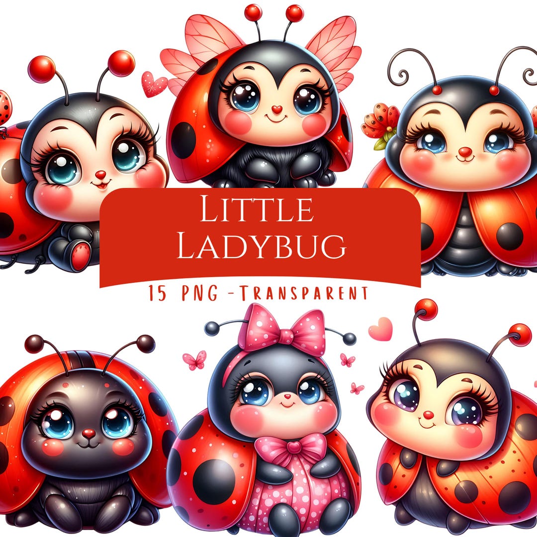 Little Ladybug Clipart Bundle 15 PNG High Quality Cartoon Cute Ladybug ...