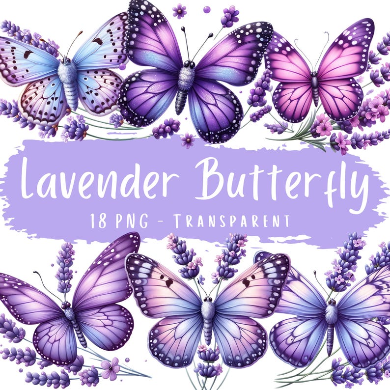 Lavender Butterfly Clipart Bundle 18 PNG Cute Purple Watercolor Floral ...