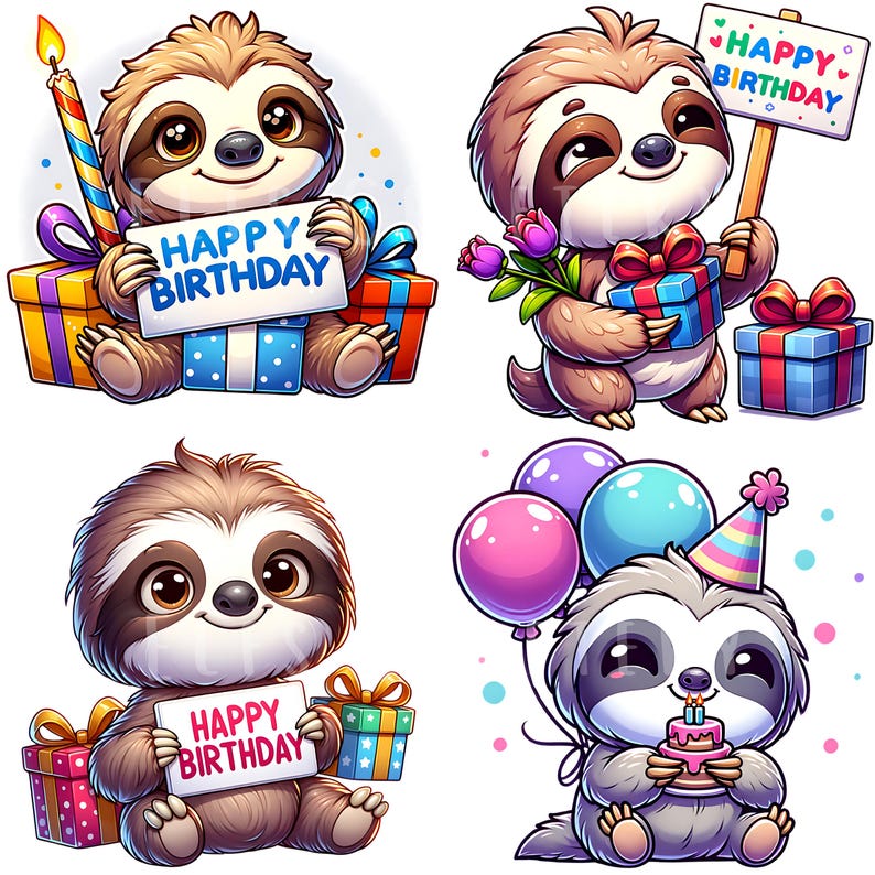 Birthday Sloth Clipart Bundle 15 PNG Cute Birthday Animal Digital Art ...